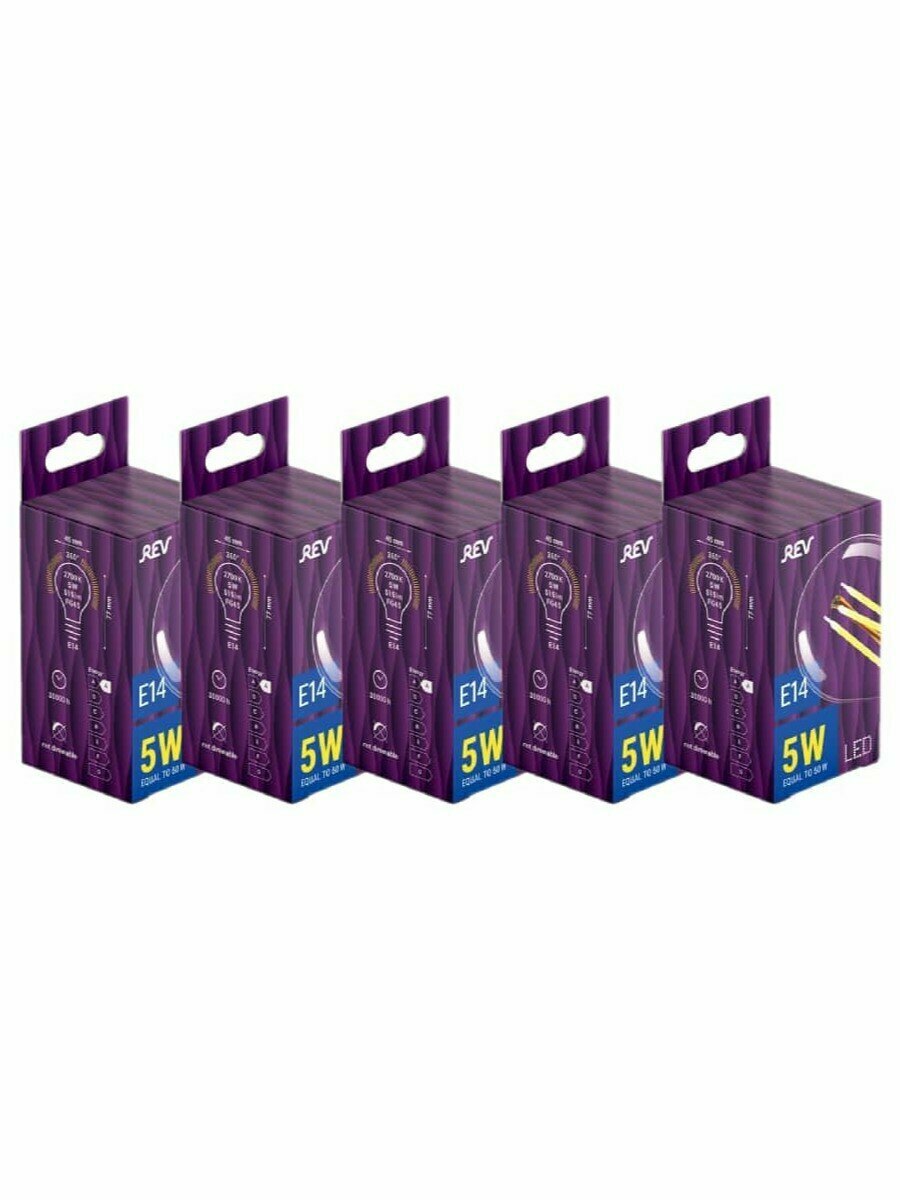 Лампа светодиодная (комплект 5 шт.) REV FILAMENT G45, E14, 5W, 2700K, DECO Premium, 32357 0