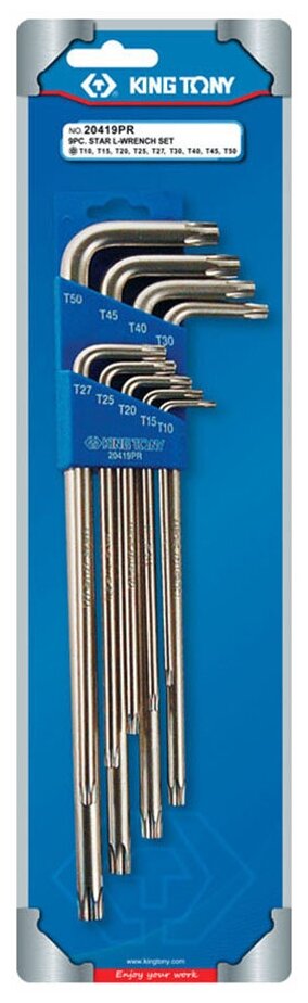 KING TONY Набор Г-образных TORX, T10-T50, длинные с отверстием, 9 предметов