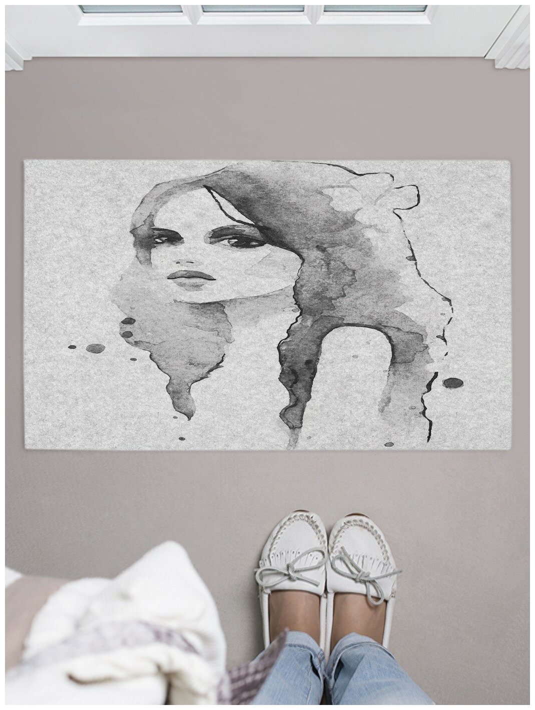 Коврик придверный в прихожую с принтом "Женский силуэт акварелью" 45 на 75 см , JoyArty