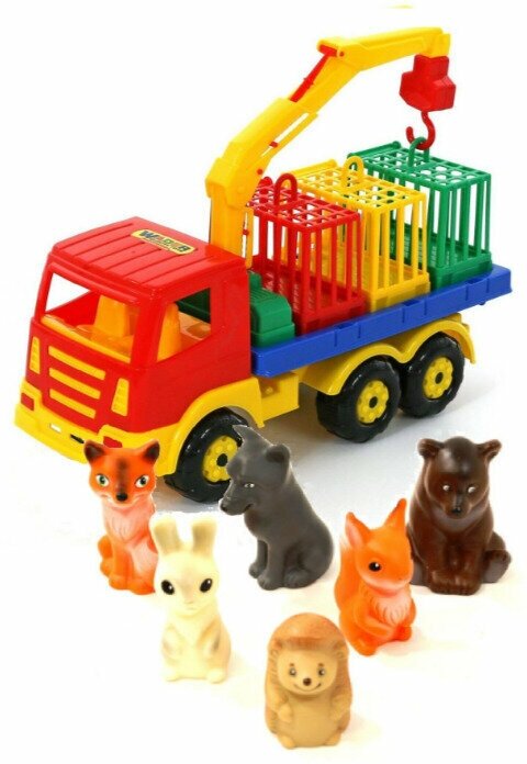 Игровой набор: машинка грузовик Полесье с 3-мя клетками для перевозки животных + 6 фигурок лесных зверей для Зоопарка