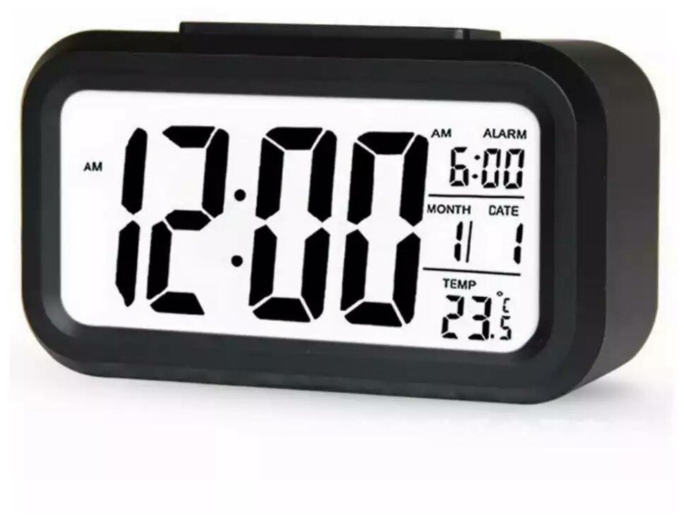 Многофункциональные настольные часы с подсветкой крупными цифрами будильником датой термометром MyPads (Черный)