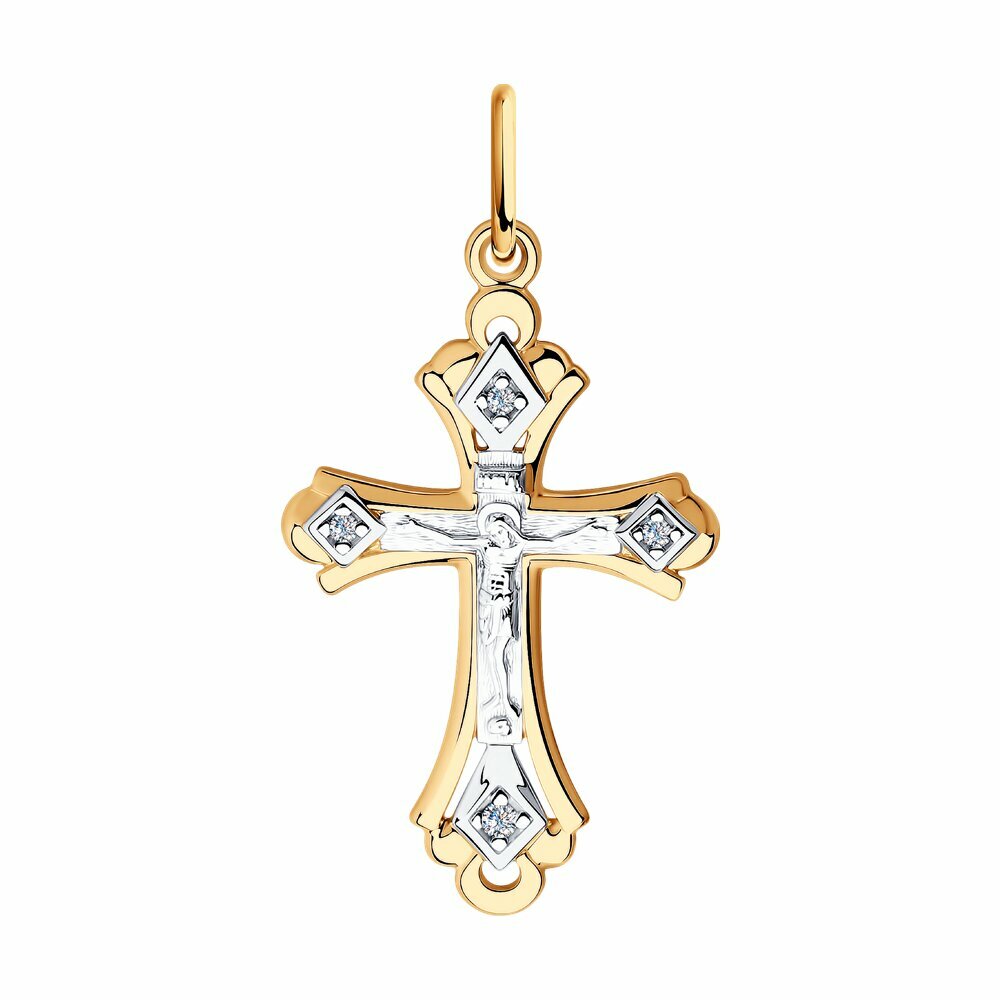 Крестик, красное золото, 585 проба, гравировка, фианит