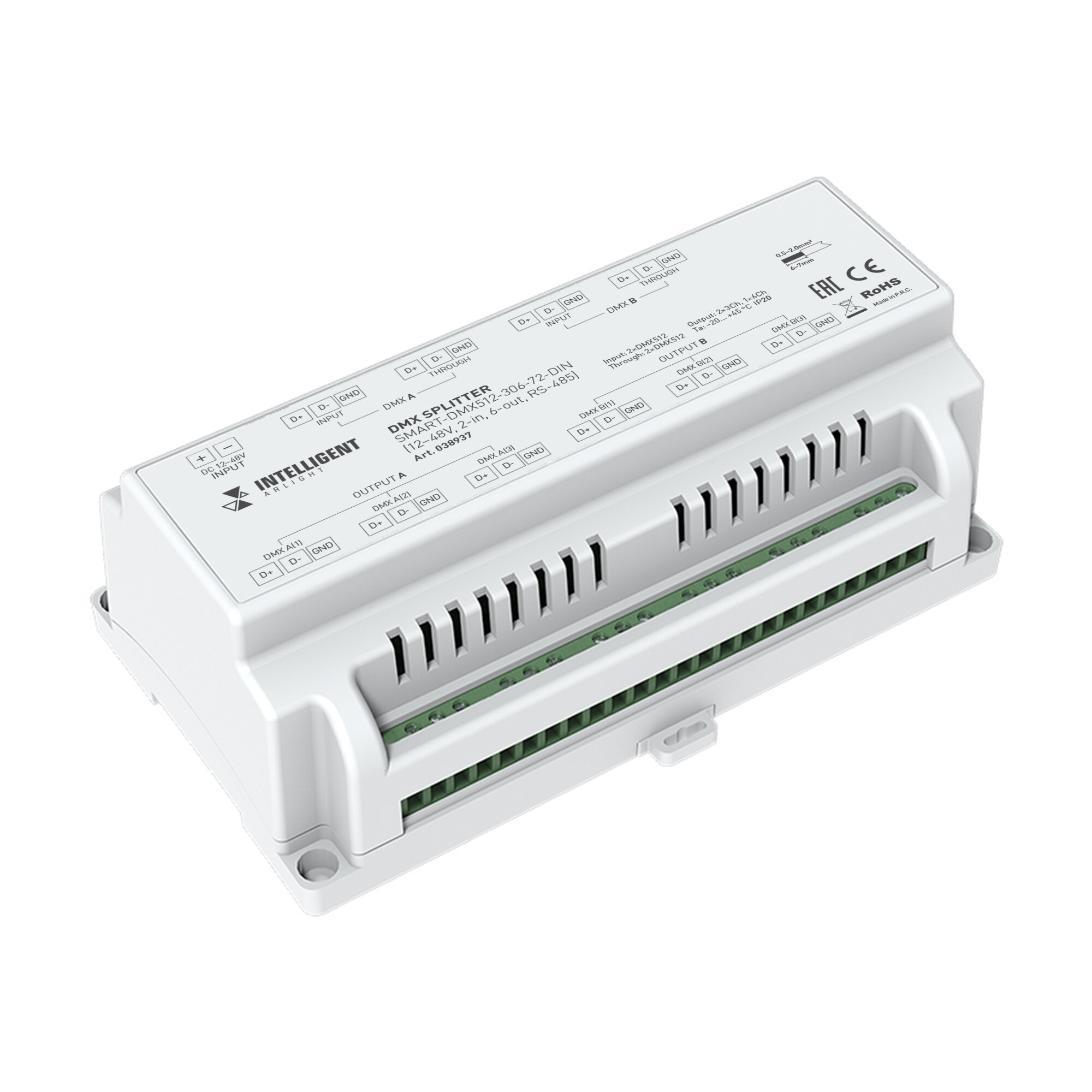 Делитель сигнала Arlight INTELLIGENT ARLIGHT Сплиттер SMART-DMX512-306-72-DIN (12-48V, 2-in, 6-out, RS-485) (IARL, IP20 Металл, 5 лет)