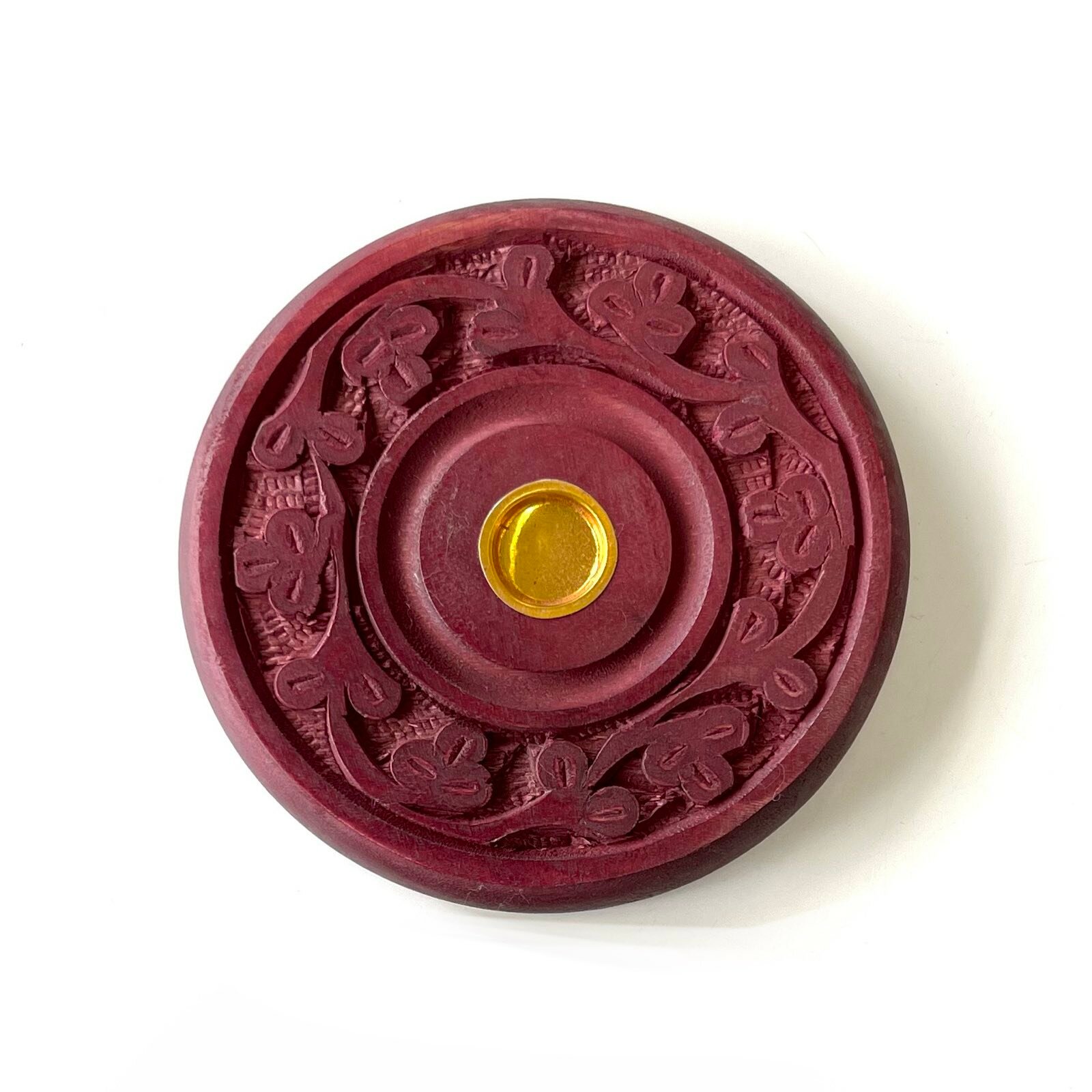 Подставка под благовония бордовая тарелочка под конус (ручная работа, дерево, резьба, диаметр 9,5-11 см.), 1 шт.