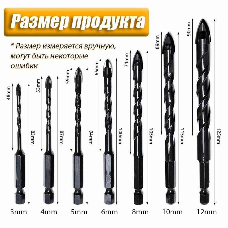 Набор сверл, для кафеля, стекла, керамики, твердый сплав, шестигранный хвостовик, 7 шт
