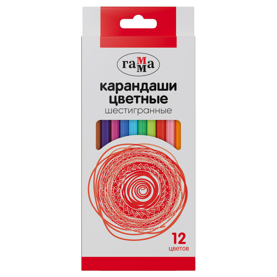 Карандаши цветные Гамма, 12цв, шестигранные, заточен, картон. упаковка, европодвес, 371198