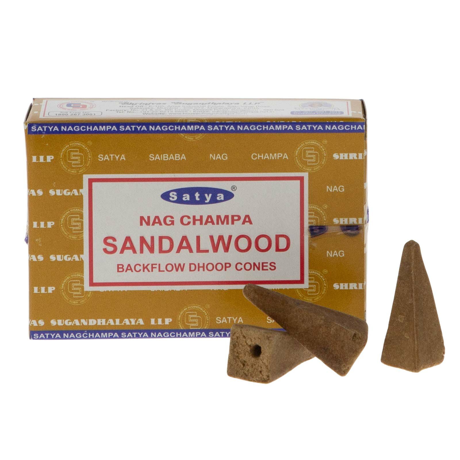 Nag Champa SANDALWOOD, Backflow Dhoop Cones, Satya (Наг Чампа сандаловое дерево, благовония пуля стелющийся дым, Сатья), уп. 10 конусов.