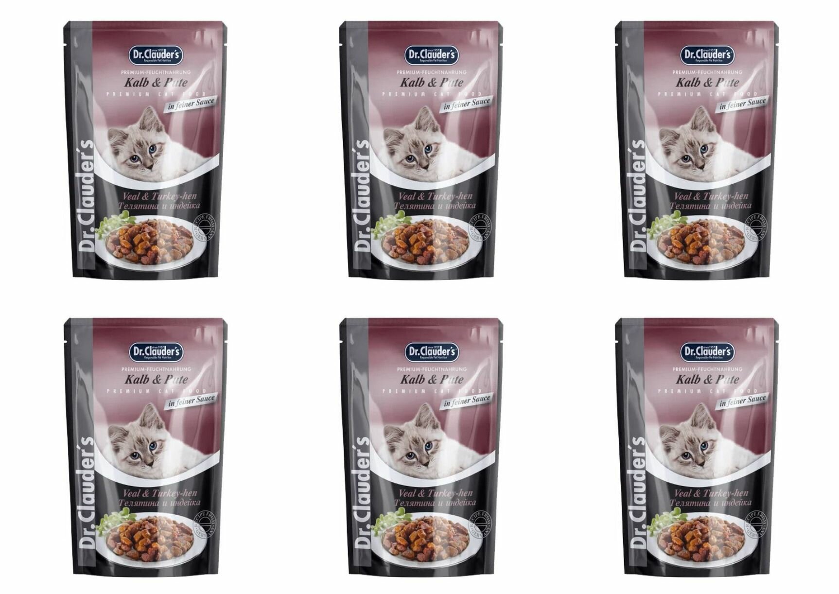 Dr. Clauder's Влажный корм для кошек с телятиной и индейкой, кусочки в соусе, пауч 85 г, 6 штук