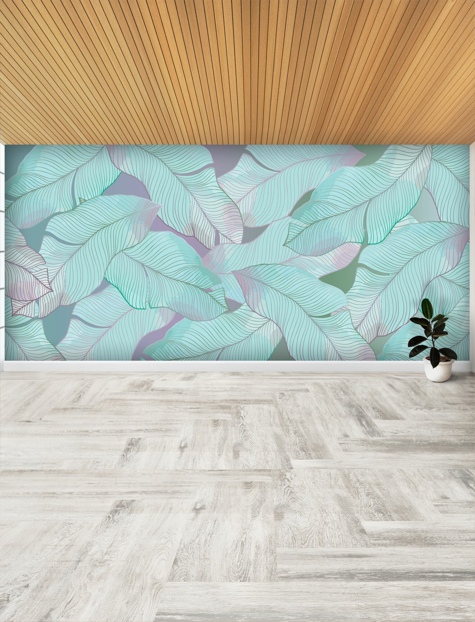 Фотообои на стену Бирюзовые листья 600х270 на флизелиновой основе