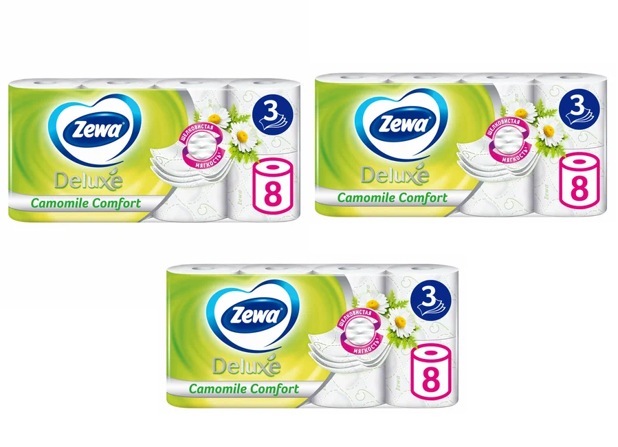 Туалетная бумага Zewa Deluxe Ромашка 3 слойная 8 штук, 3 уп