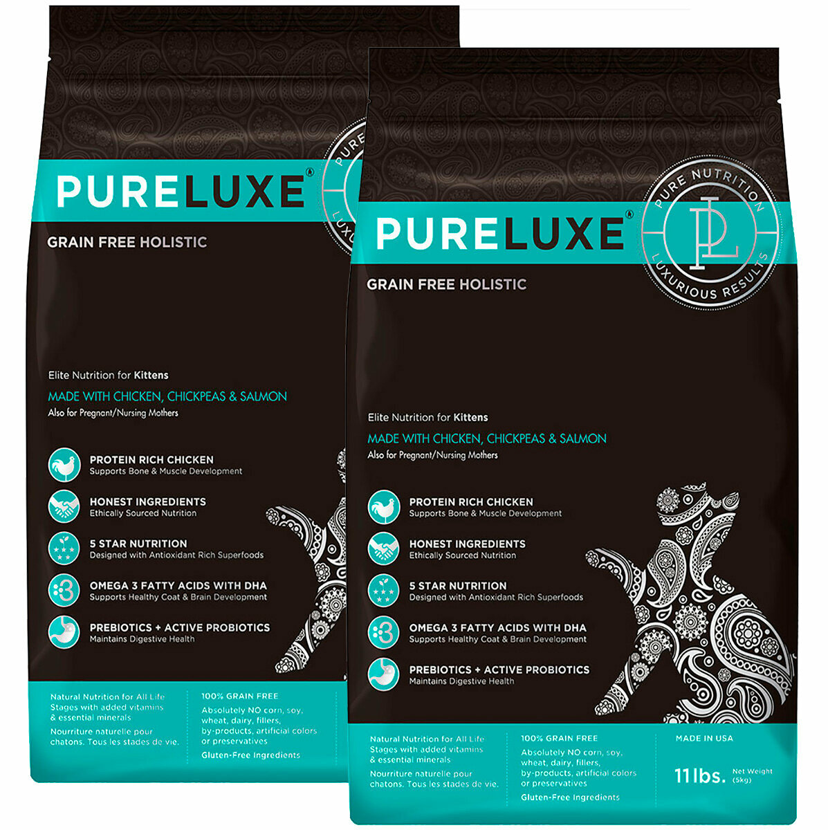 PURELUXE элитное питание беззерновой для котят с курицей, нутом и лососем (5 + 5 кг)