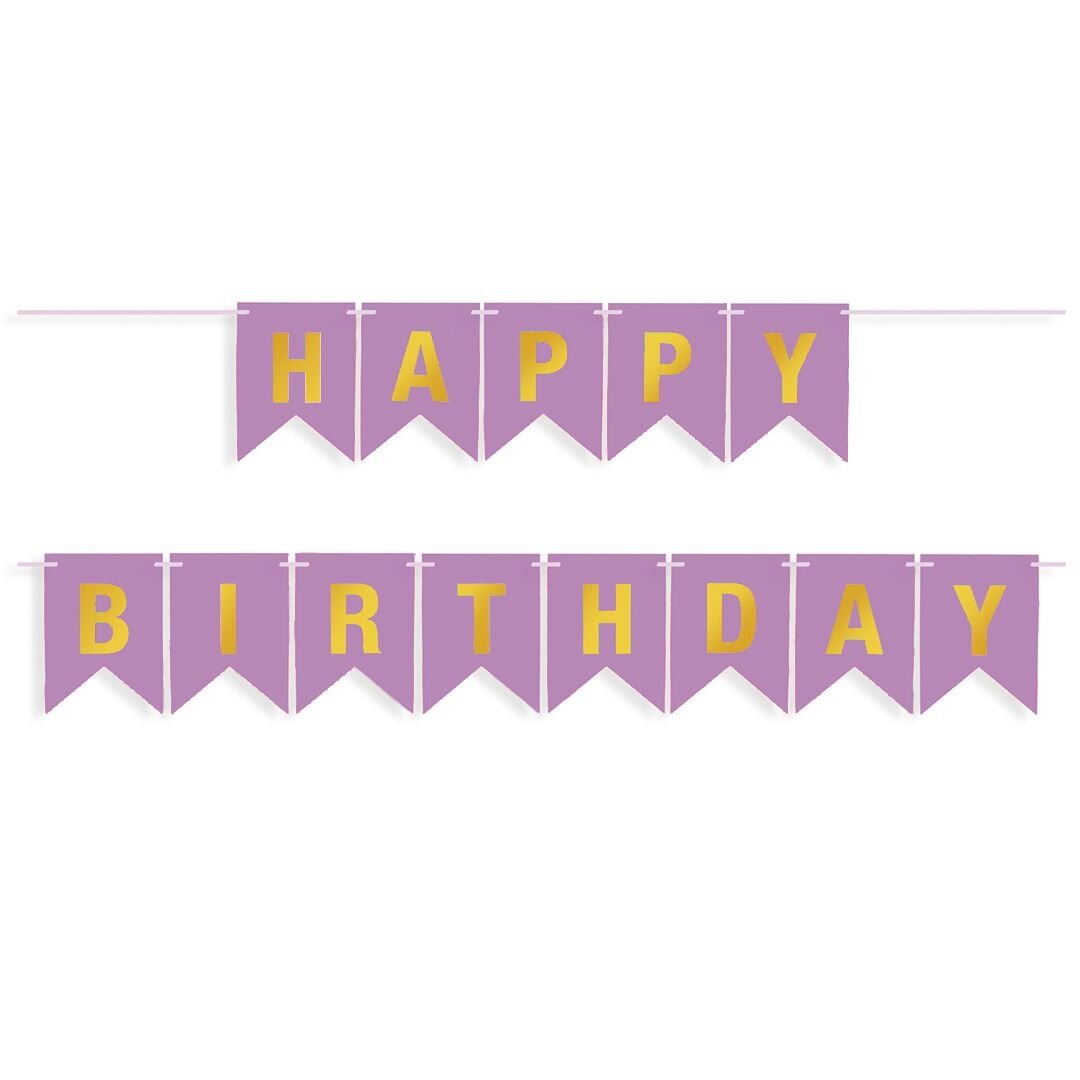 Гирлянда Флажки, Happy Birthday, Светло-сиреневый/Золото, Металлик, 500 см, 16*12 см, 1 упак.