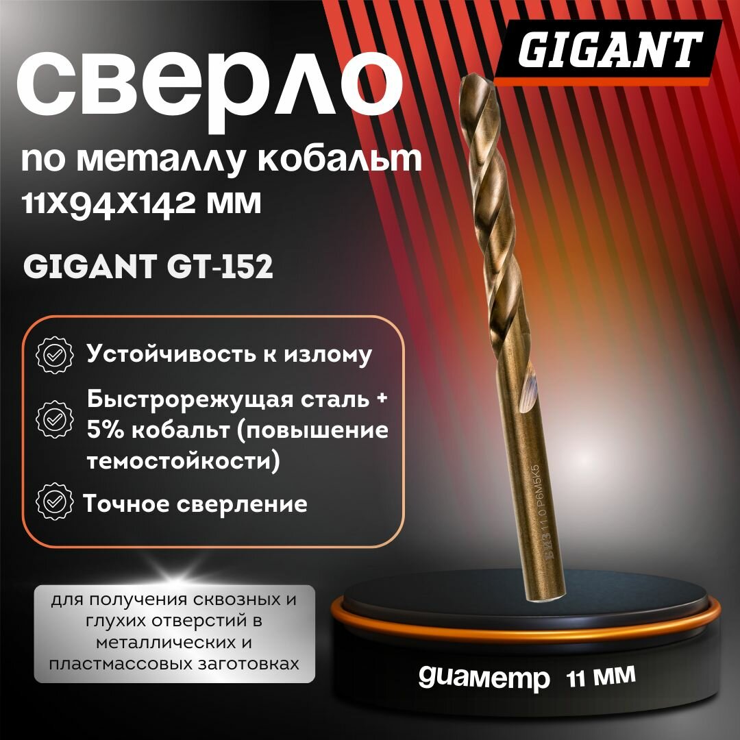 Сверло по металлу кобальт (11х94х142 мм; Р6М5К5; класс А1) Gigant GT-152