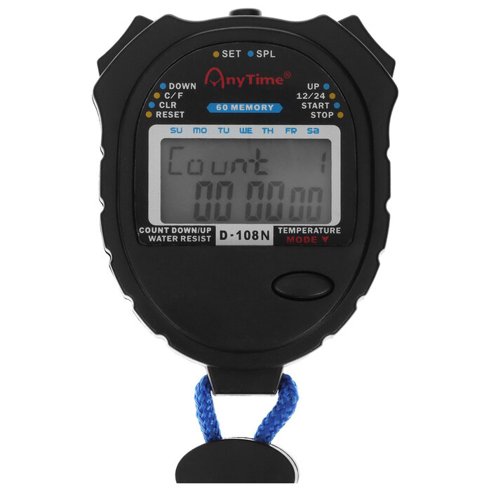 Секундомер, 8.2×6.5×2 см, 60 отсечек, обратный отсчёт, часы, календарь