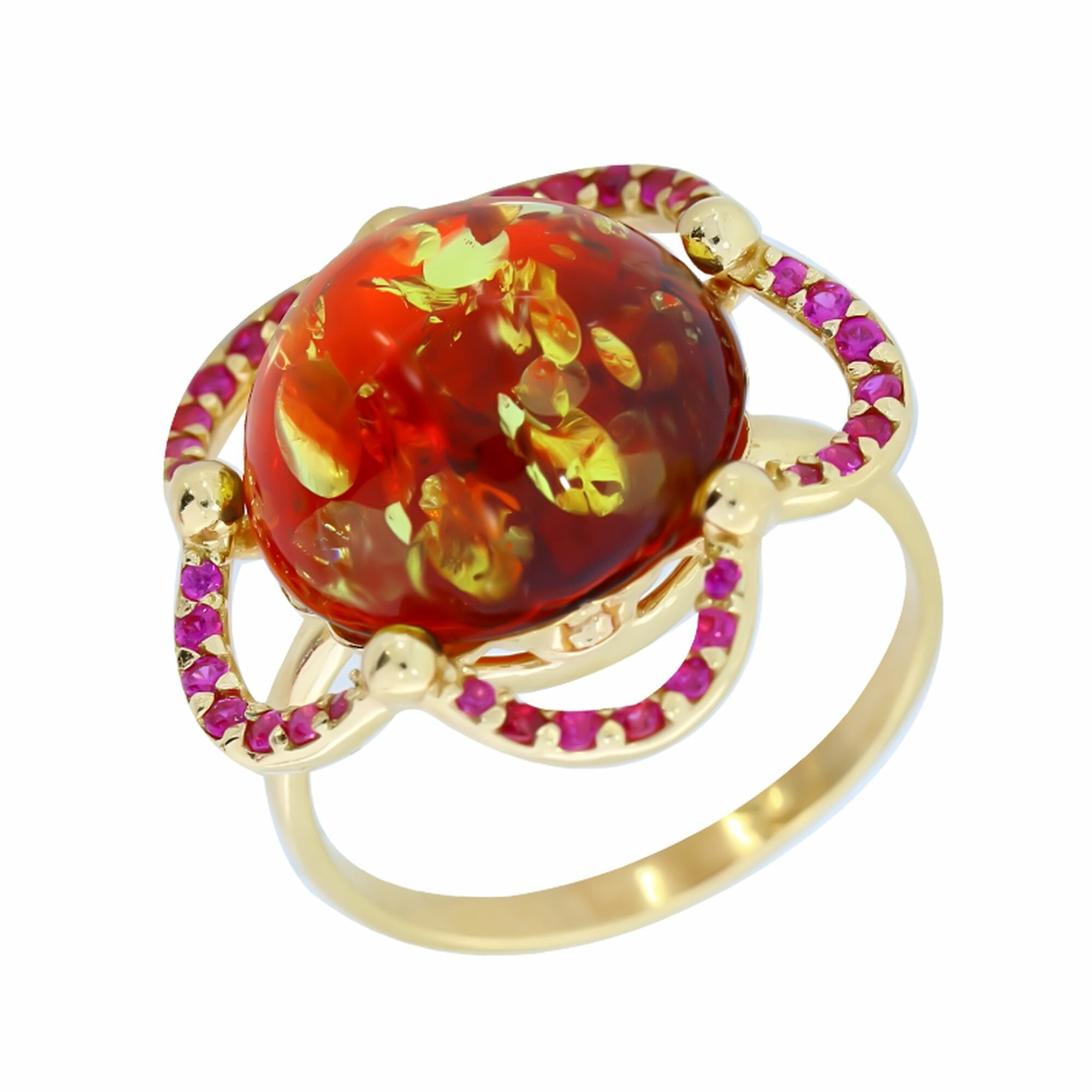 Кольцо, серебро, 925 проба, золочение, фианит, янтарь