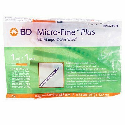 Инсулиновый шприц 1 мл с интегрированной иглой U100 BD Micro-Fine Plus 29G 0,33 x 12,7 мм, Becton Dickinson, 10 штук