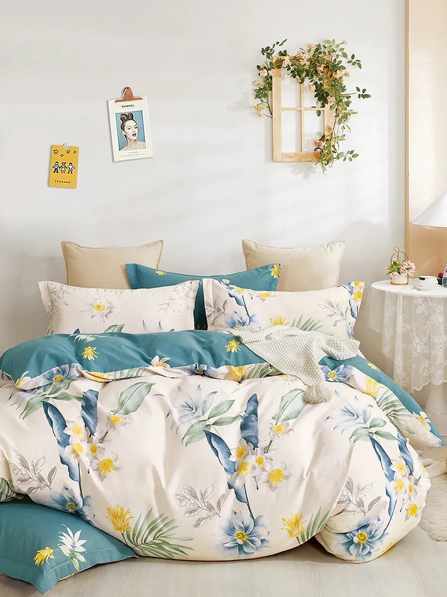 Постельное белье Евро с 2 наволочками, хлопковый сатин