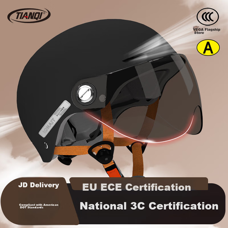 Tianqi Helmet, Electric Vehicle 3C Certified New National Standard A-Class Electric Scooter Half Helmet, for Men And Women, Summer Safety Helmet, All-Season Use, Black - Sun Protection Tea-Colored Visor