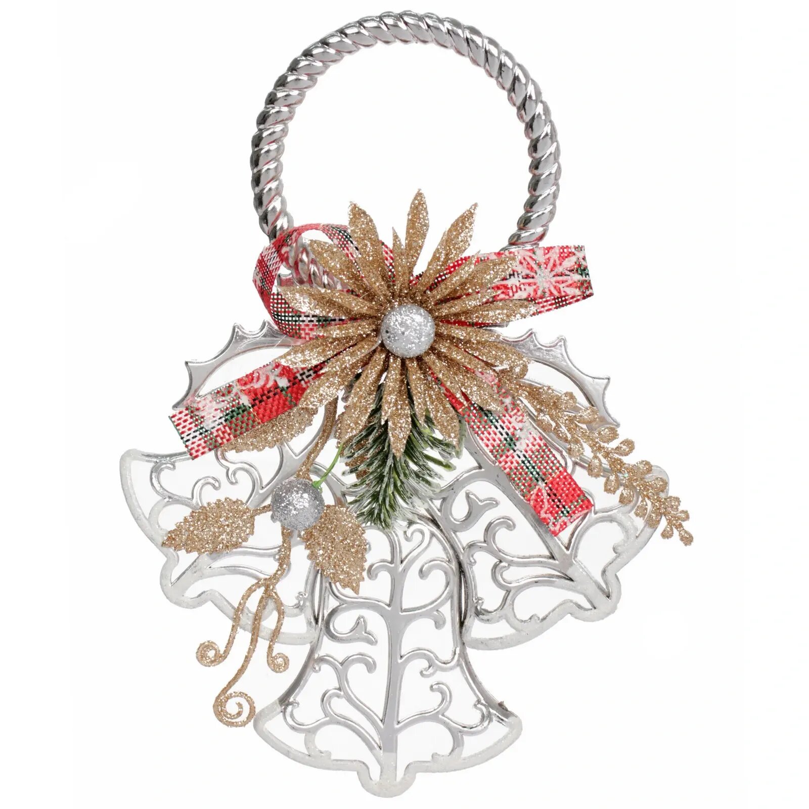 Новогоднее украшение «Ажурные колокольчики» 19,5х25,5 см, серебристое, с золотыми деталями