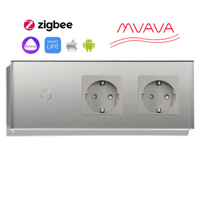 Сенсорный выключатель ZigBee MVAVA 1кл. 2 розетки, 3 поста (1G+2EU) стекло 228х86мм цвет серый