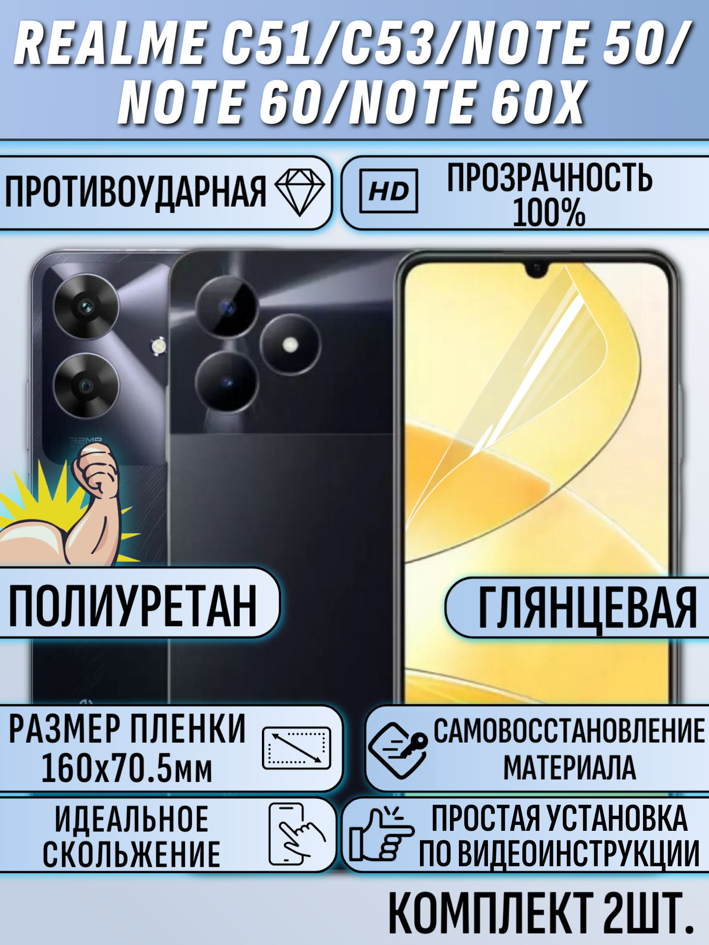 Гидрогелевая защитная пленка для Realme C53 C51 Note 50 Note 60 Note 60x глянцевая под чехол 2шт