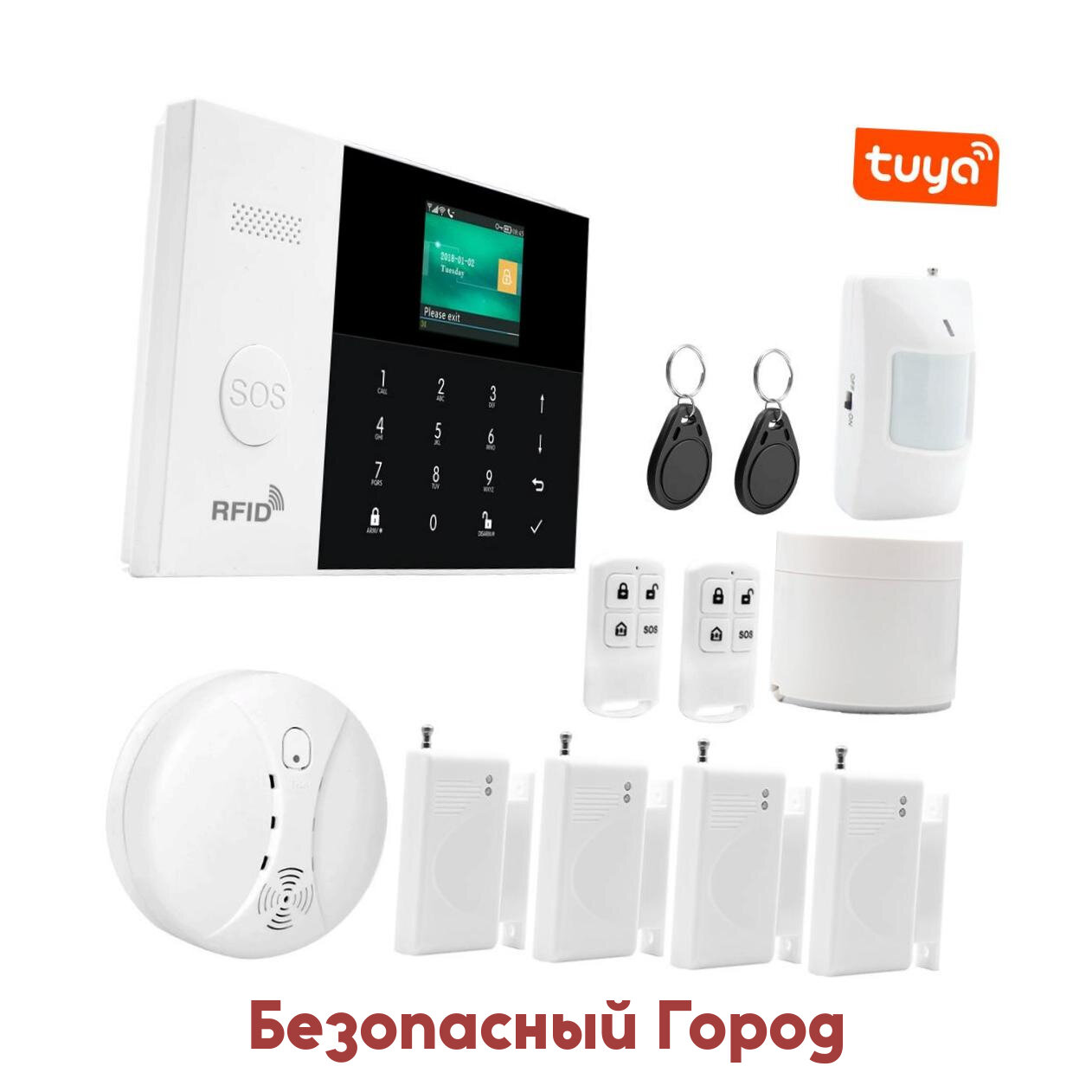 Комплект: автоматическая пожарная TUYA GSM / Wi-Fi сигнализация Страж-GSM Sherif 11 (3G/4G) (B92829OK) 11 радиоканальными датчиками в комплекте для