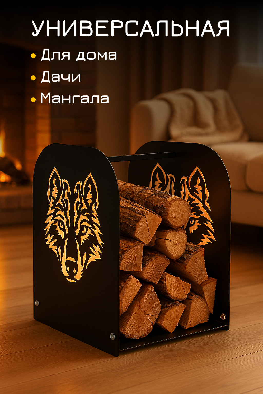 Дровница-переноска, для камина, бани, мангала, разборная, напольная, стальная, чёрная, Волк, 44x30x35 см