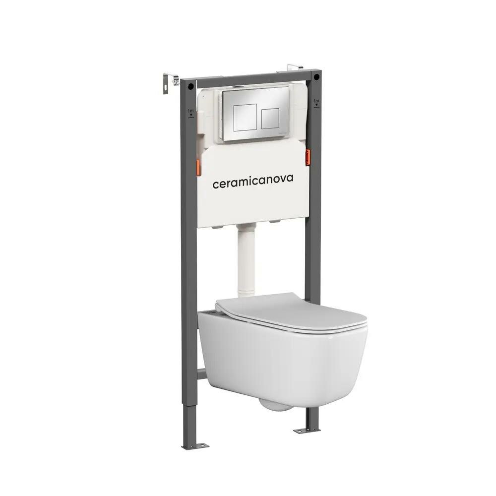 Унитаз подвесной Ceramica New Day CN3005 белый, безободковый, с инсталляцией Balance CN121002CH и кнопкой Square хром глянцевый