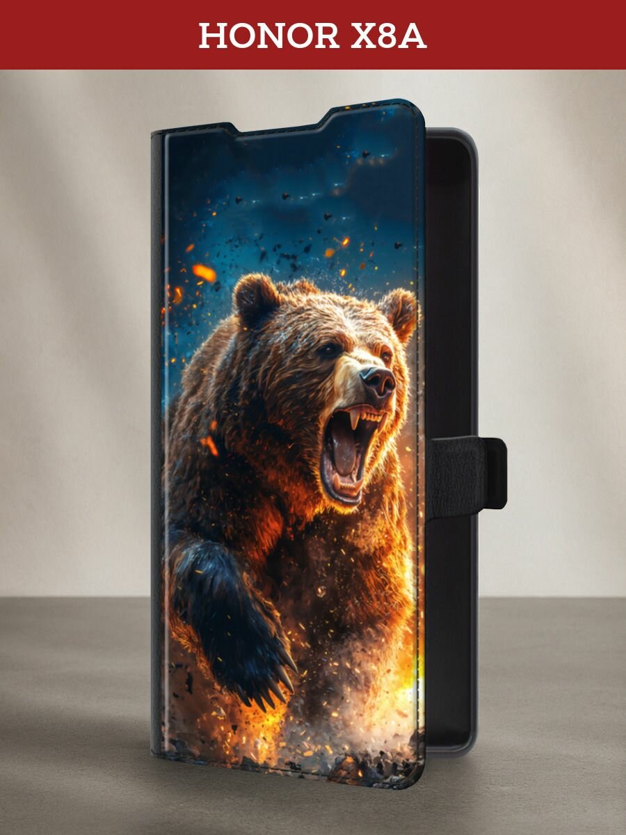 Чехол-книжка на Honor X8A / Хонор Х8А с принтом Разъяренный медведь, черный