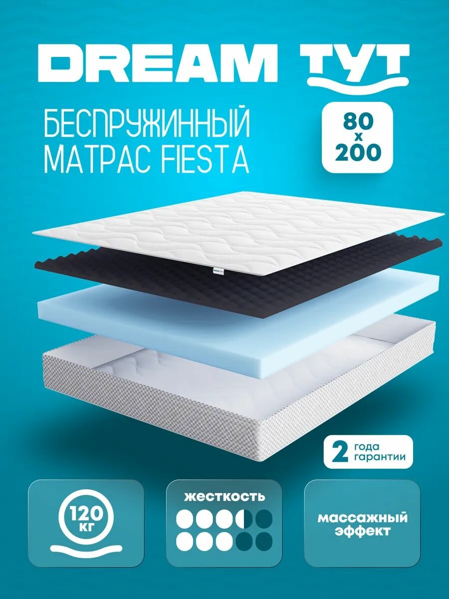 Матрас DREAM TYT Фиеста, беспружинный, ортопедический, 80 x 200 см