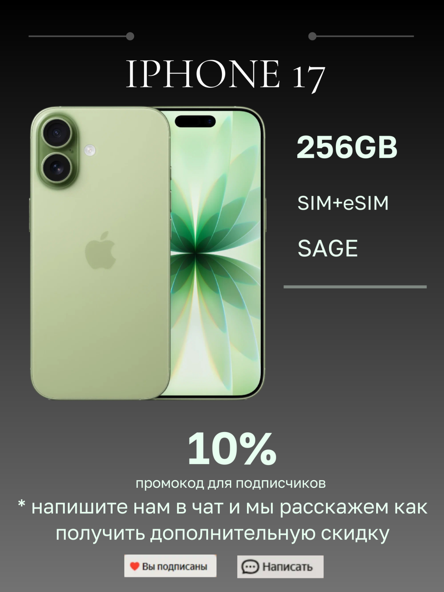 Смартфон Apple iPhone 17 256 ГБ, Dual nano SIM, шалфей (без Rustore и приложения MAX)
