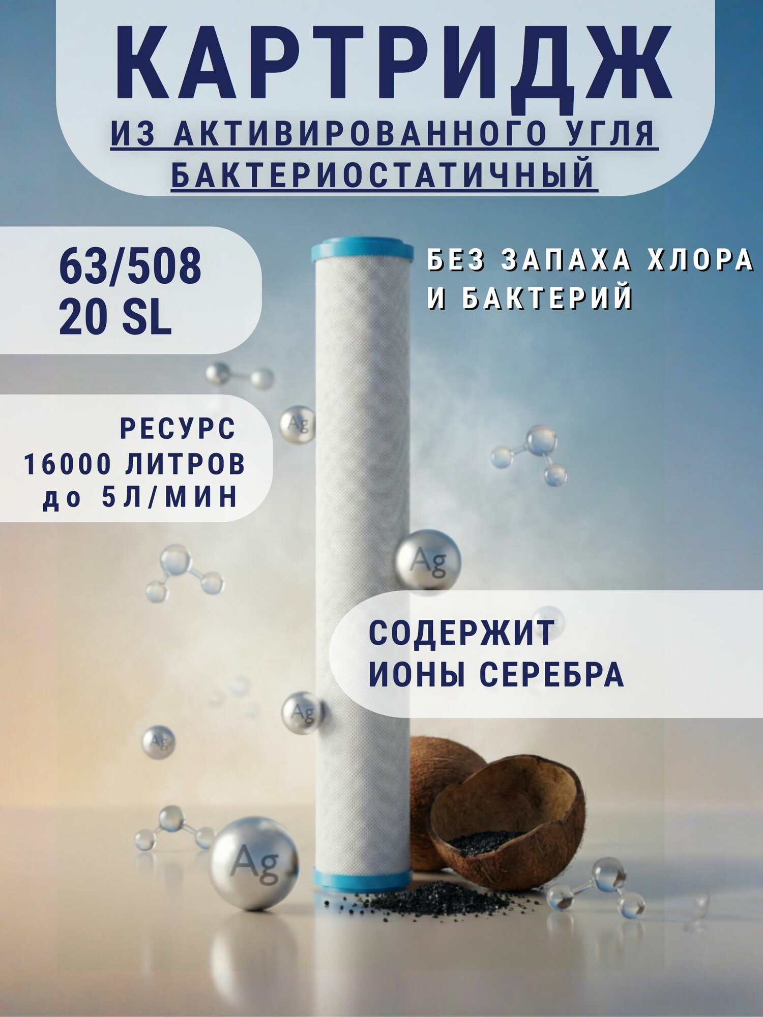 Картридж угольный из кокосовой скорлупы с ионами серебра, 63х508 мм (размер колбы 20SL)