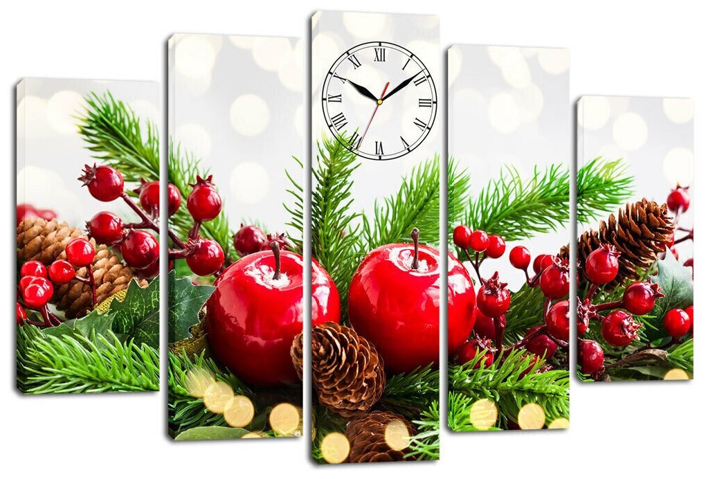 Модульная картина с часами / Часы на холсте Хвойные ветки с ягодами 140х80 см.