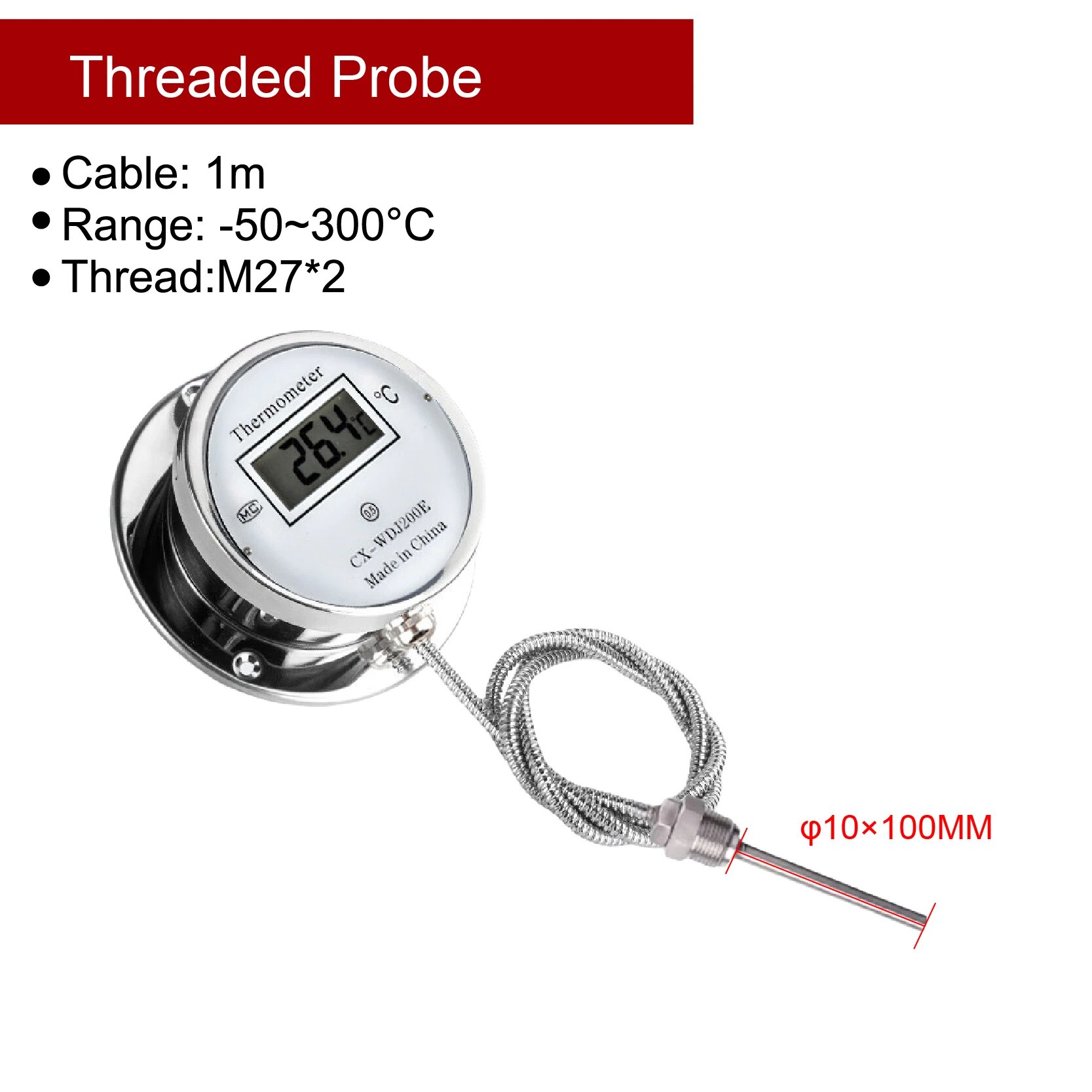 Цифровой термометр CERTEON Temperature Range -50°C to 300°C 1m M27-Thread