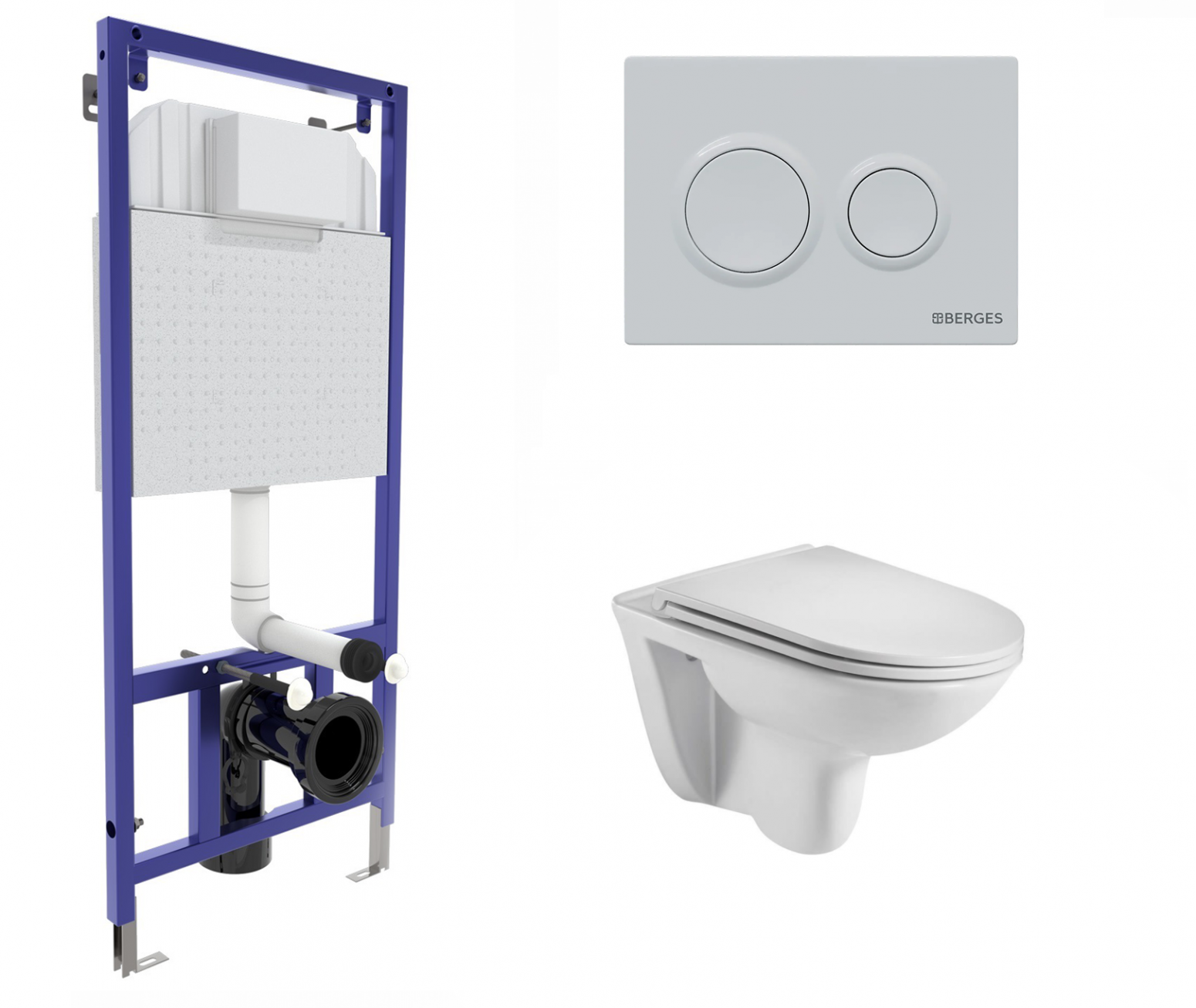 Комплект 3 в 1 инсталляция Berges Novum O4 + Подвесной унитаз WeltWasser Baarbach 004 GL-WT с кнопкой белой