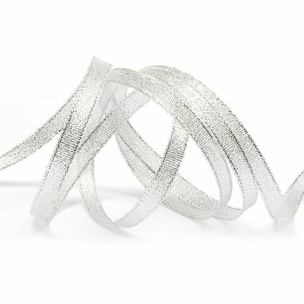 Лента подарочная с люрексом 6мм / лента упаковочная для подарков цв. серебро (22 метра)