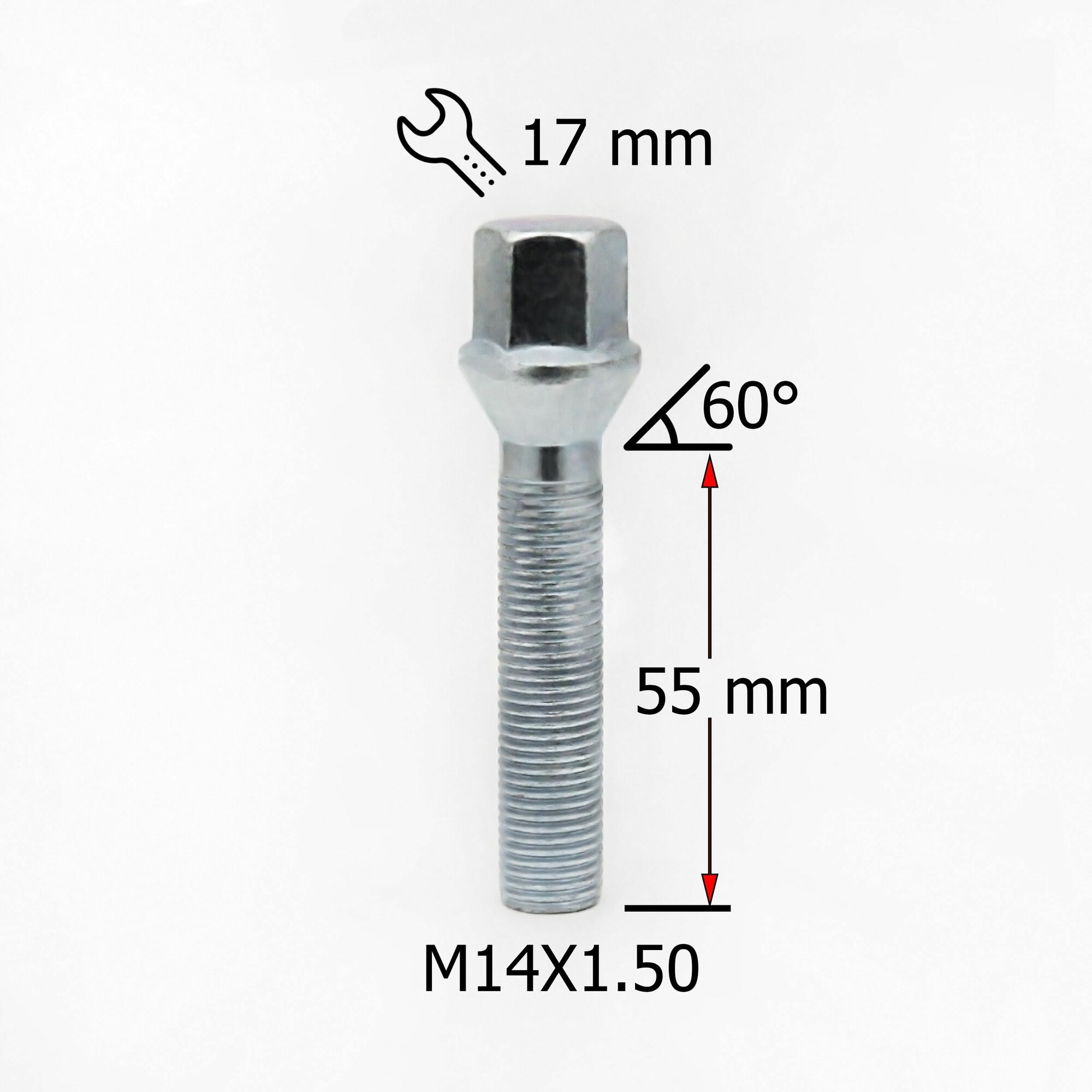 Болт колесный M14x1,5 длина резьбовой части 55мм, конус, ключ 17мм, цинк