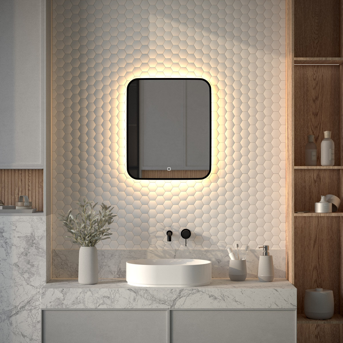 Зеркало с окантовкой и LED-подсветкой настенное AURA DEFESTO 50x60 см (Сенсорный выключатель), для гостиной, прихожей, спальни, кабинета и ванной комнаты, DF 2973S