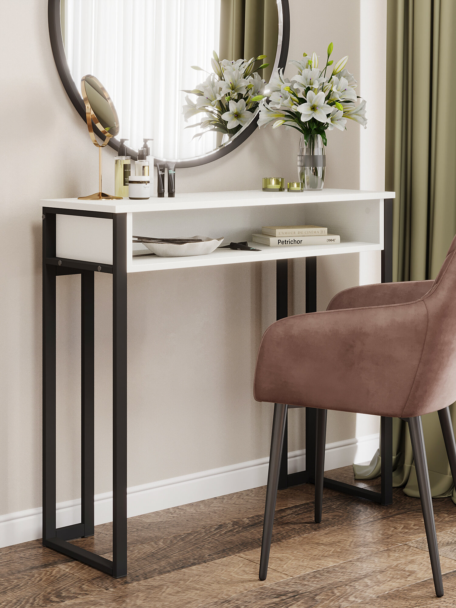 Туалетный столик без ящика, косметический, консоль KM LOFT черный/белый