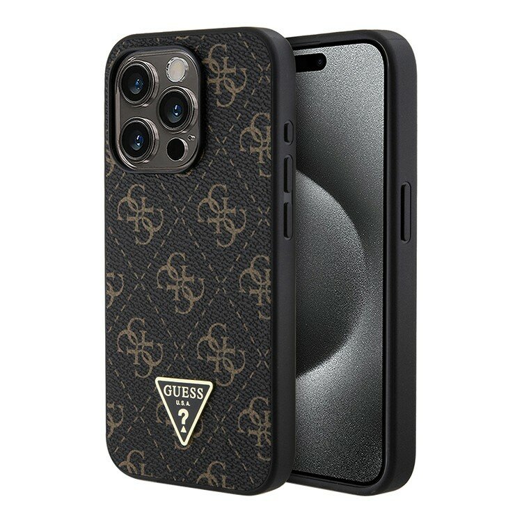 Guess чехол для iPhone 15 Pro, PU кожа 4G Gold pattern Triangle metal logo черный
