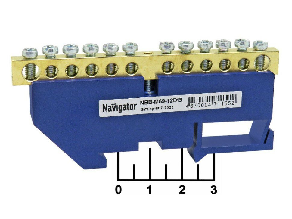Эл шина "0" 12 контактов 6*9мм с изолятором на DIN-рейку Navigator NBB-M69-12D/B