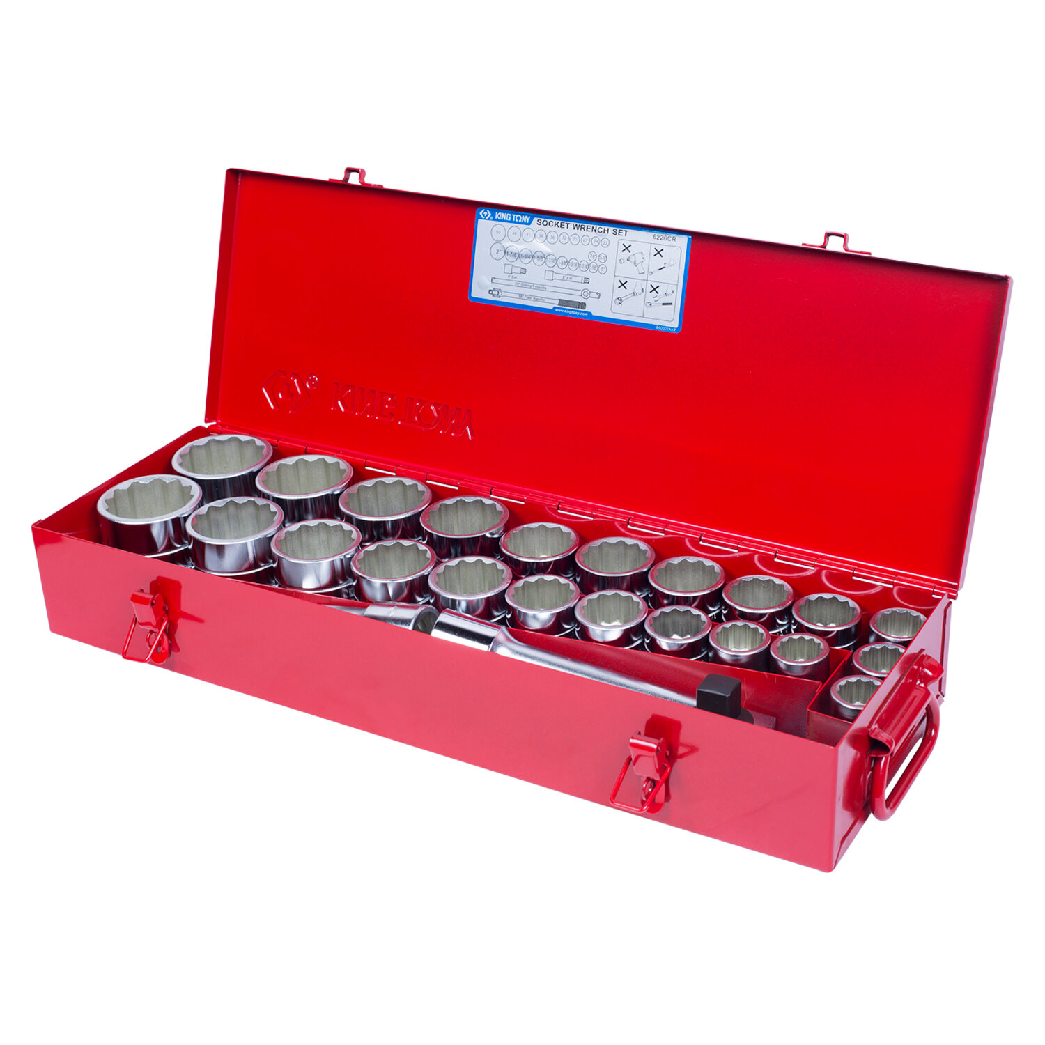 Набор торцевых головок с принадлежностями 3/4", двенадцатигранные, 22-50 мм, 7/8"-2", 26 предметов KING TONY 6226CR