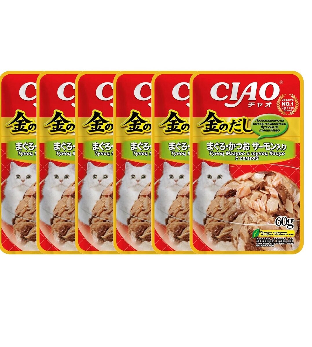 Inaba Ciao Kinnodashi Влажный корм для кошек Тунец Магуро и тунец Кацуо с семгой 60г (6 штук)