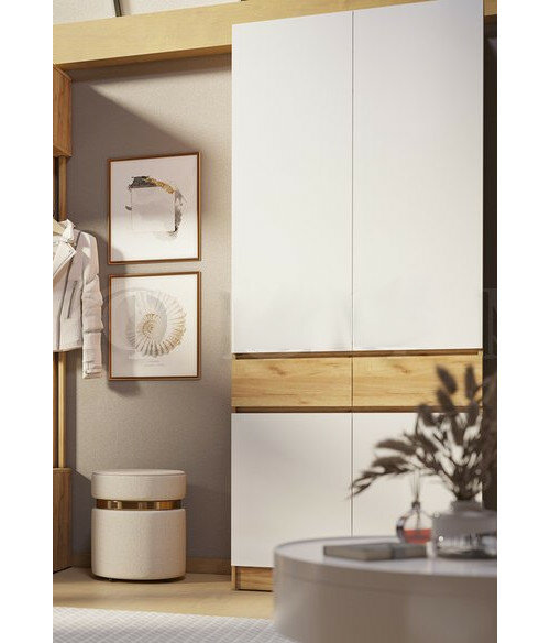 Высокий шкаф с ящиками Эра-мебели Роджина 2-х ств. Дуб крафт/Белый глянец, размер ШхГхВ 1000х520х2400