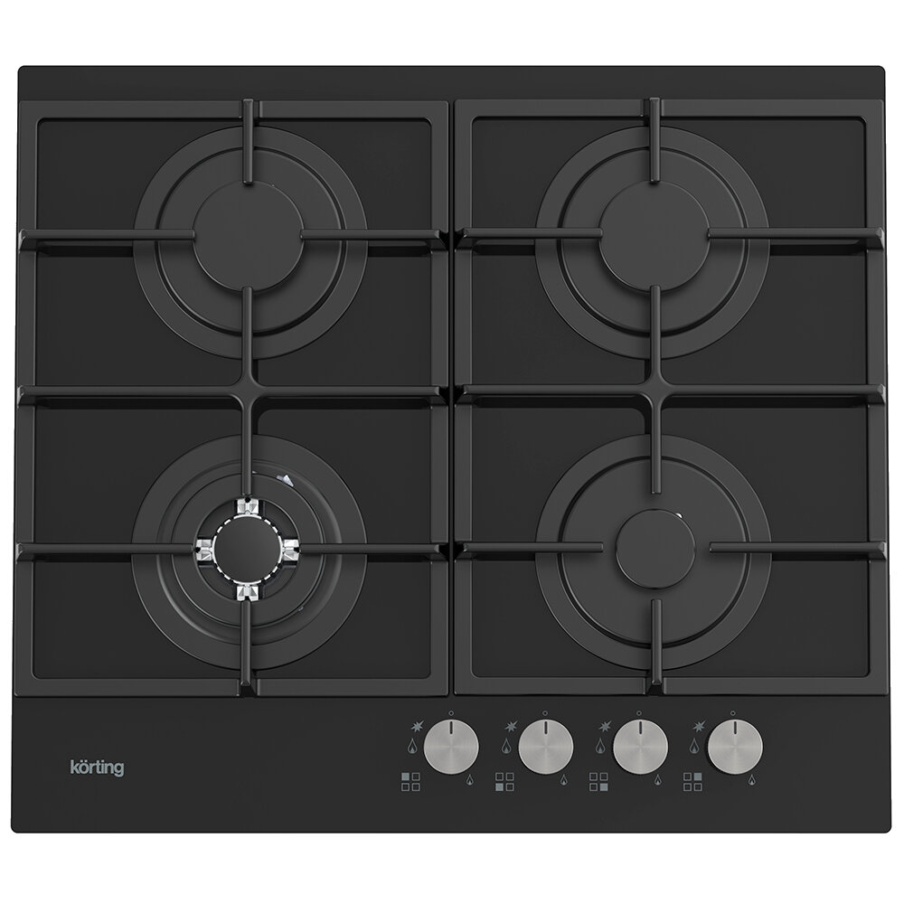 Газовая варочная панель Korting HGG 6722 CTN ширина 60 см, 4 конфорки, WOK, электроподжиг, черное стекло