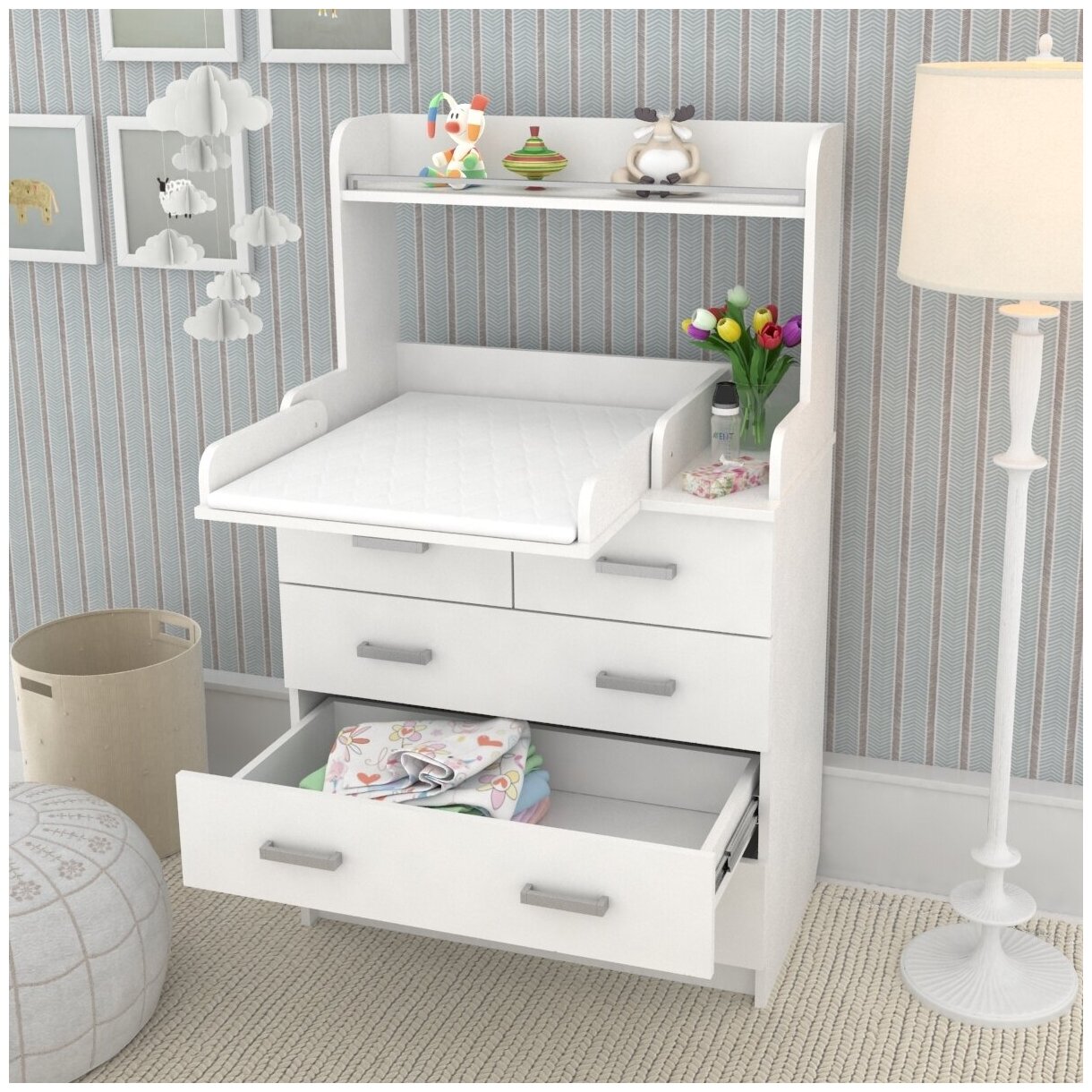 Пеленальный комод с полкой Атон Сириус-2, 80 х 135 см, 5 ящиков, белый