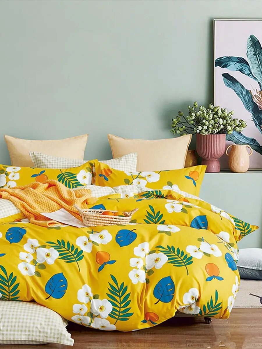 Постельное белье Евро с 2 наволочками, хлопковый сатин