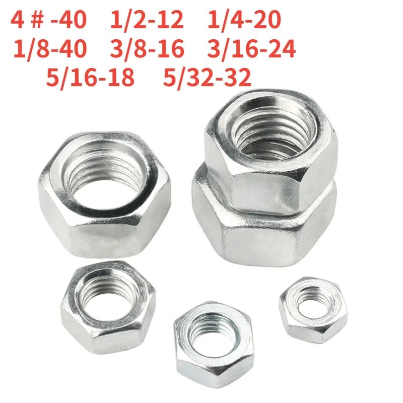 4 # Гайка шестигранная англо-американская оцинкованная белым цинком -40 1/2-12, 1/4-20, 1/8-40, 3/8-16, 3/16-24, 5/16-18, 5/32-32