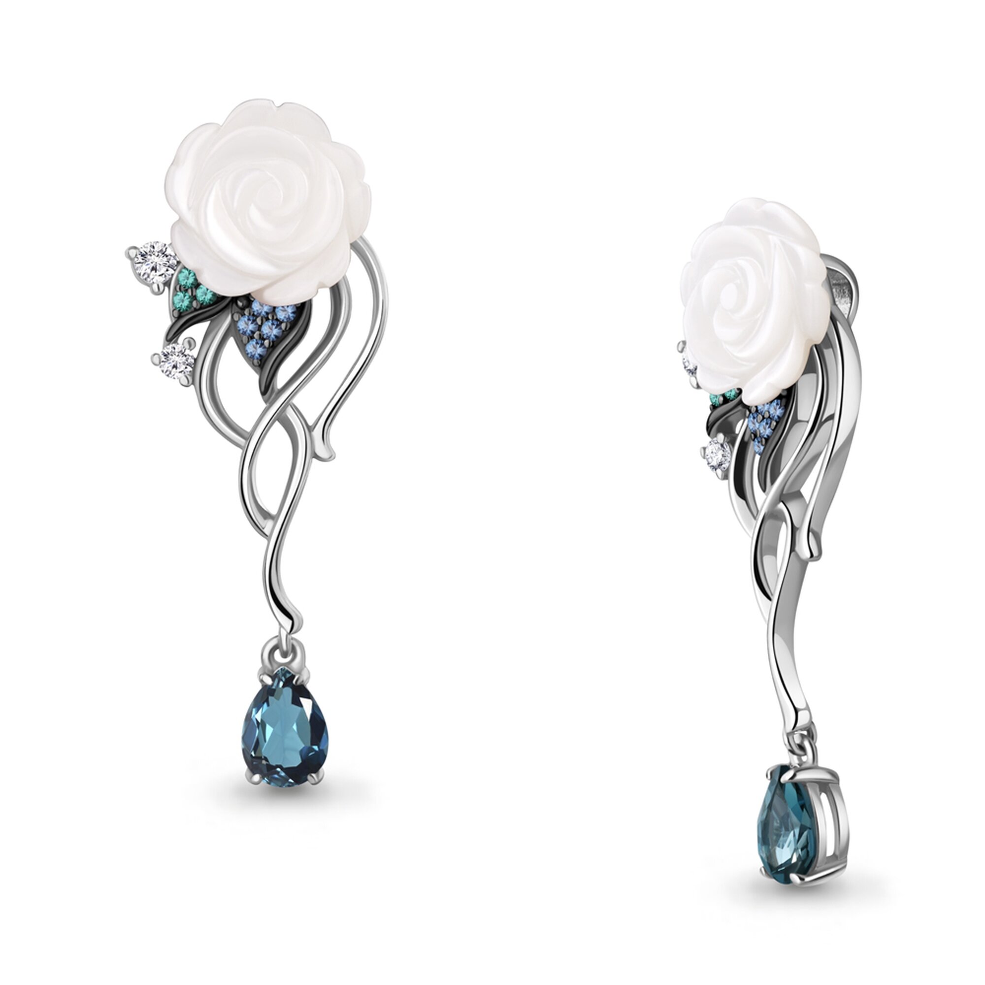 Подвеска, серебро, 925 проба, родирование, сапфир синтетический, изумруд синтетический, перламутр, Лондон топаз, фианит