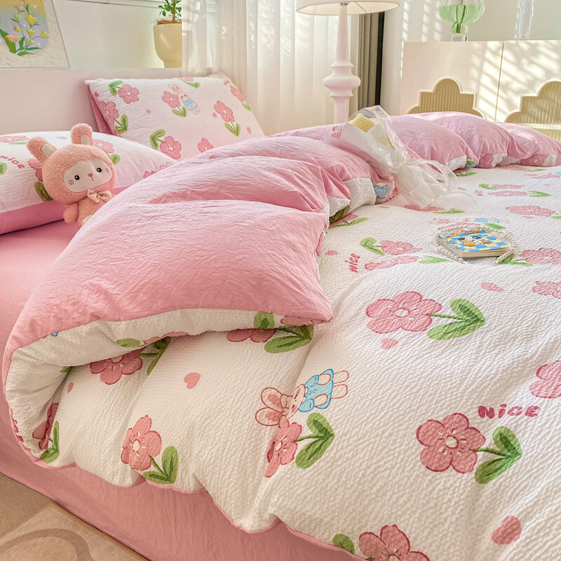 Комплект постельного белья Butterfly-Textile "Цветочный кролик", выстиранный хлопок, 4 предмета